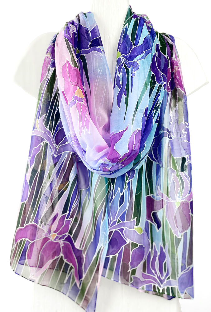 Hand Painted Chiffon Wrap, The Blue Iris Silk Shawl – Silk Takuyo