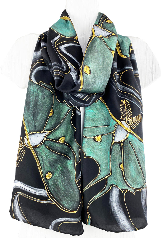Black Silk Scarf Hand Painted, Green Luna Moth Moon Goddess – Silk Takuyo