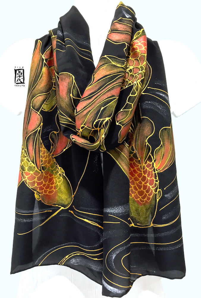Black Silk Crepe Scarf, Golden Red Koi – Silk Takuyo