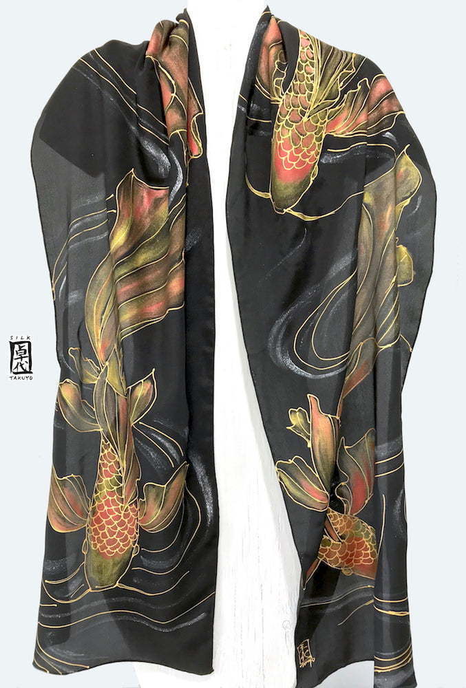 Black Silk Crepe Scarf, Golden Red Koi – Silk Takuyo