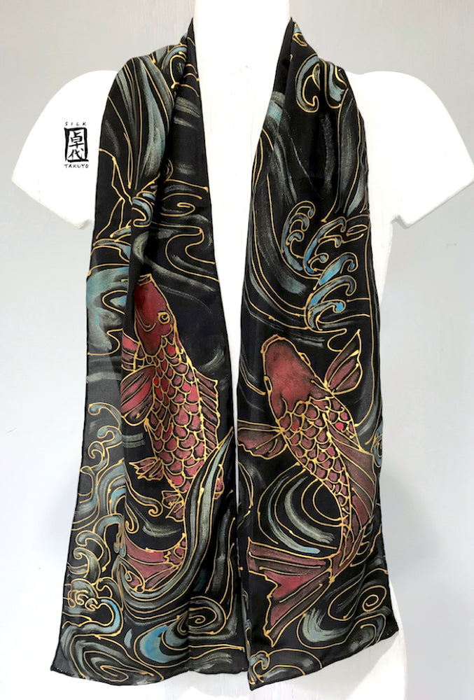 Black Silk Crepe Scarf, Leaping Red Koi – Silk Takuyo