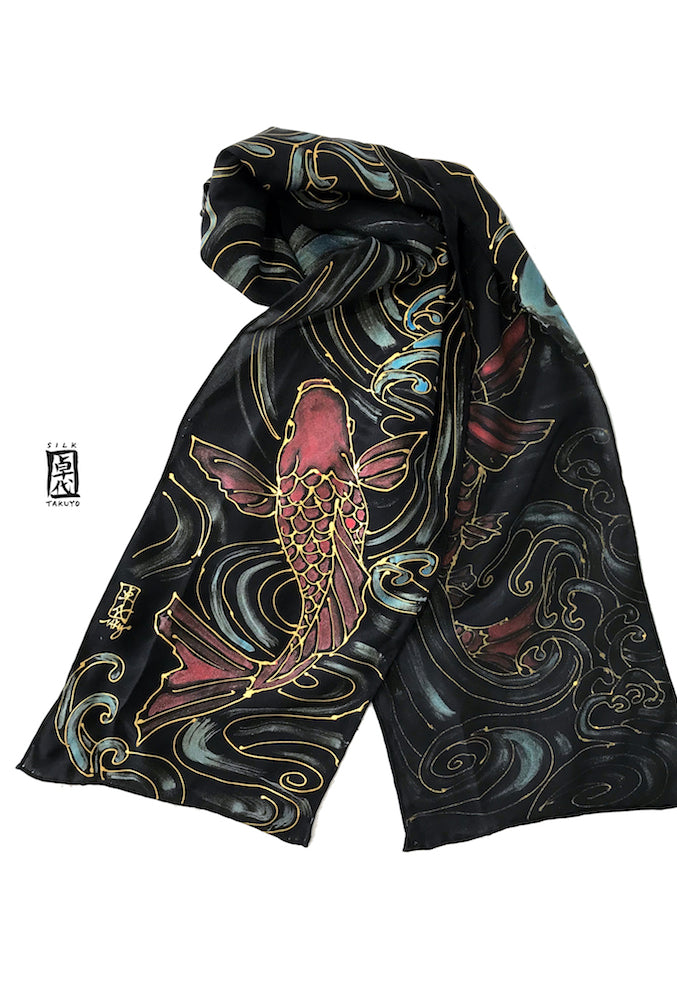 Black Silk Crepe Scarf, Leaping Red Koi – Silk Takuyo