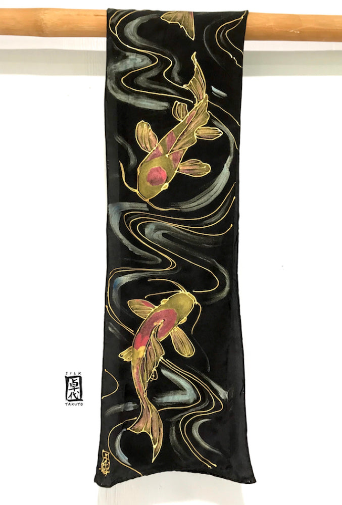 Black Silk Crepe Scarf, Tranquility Japanese Koi Pond – Silk Takuyo