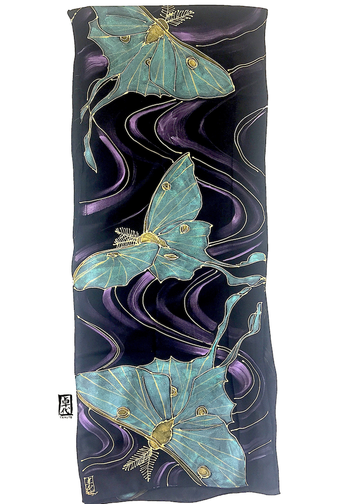 Black Silk Scarf, Green Luna Moth with Crescent Moon – Silk Takuyo