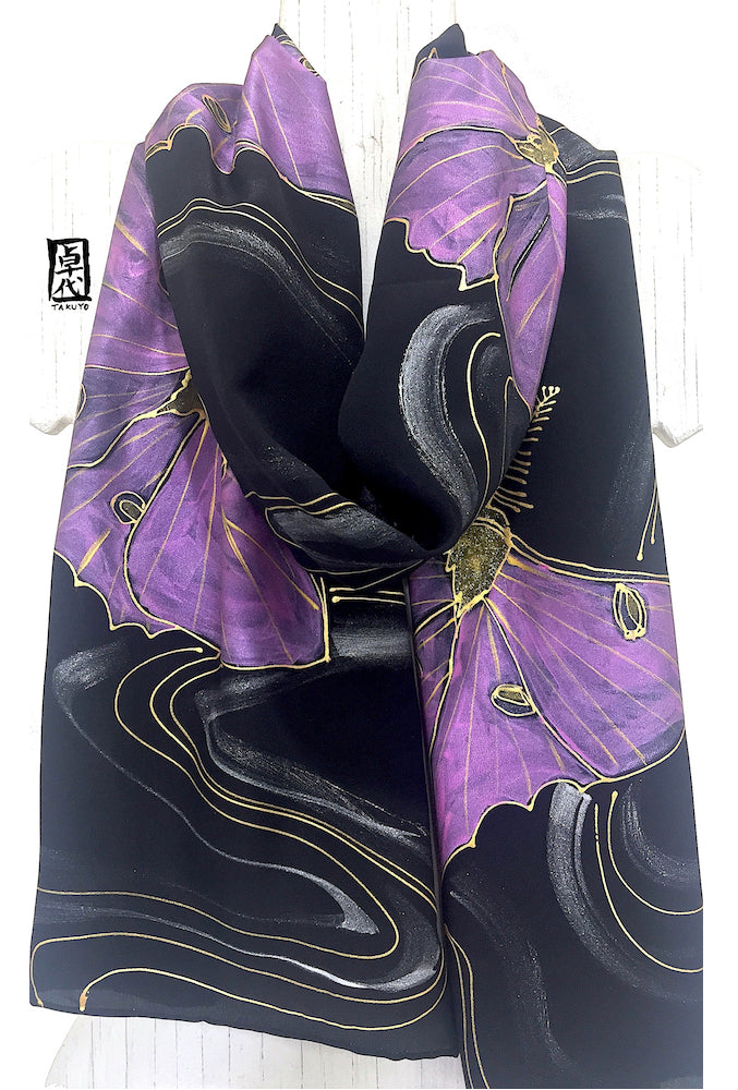 Black Silk Scarf, Pink Luna Moth and Full Moon – Silk Takuyo