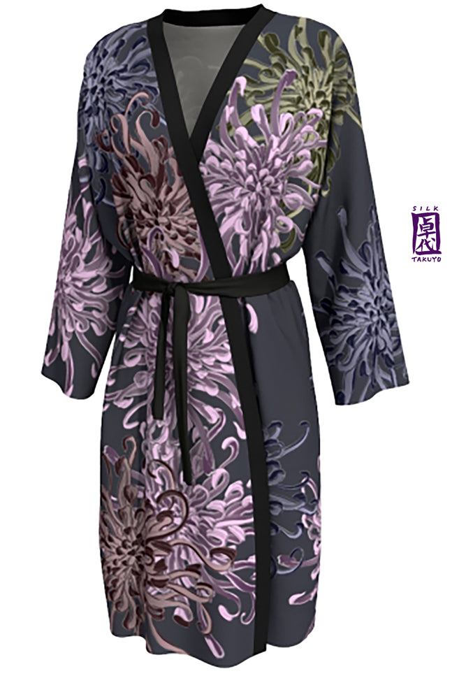 Japanese Kimono Robe Long, Gray Chrysanthemum – Silk Takuyo