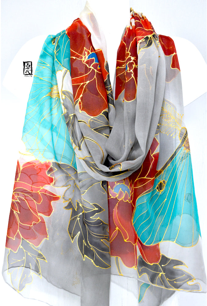 Silk Shawl Gray, Luna Moth in Moonlight, Red Peony – Silk Takuyo