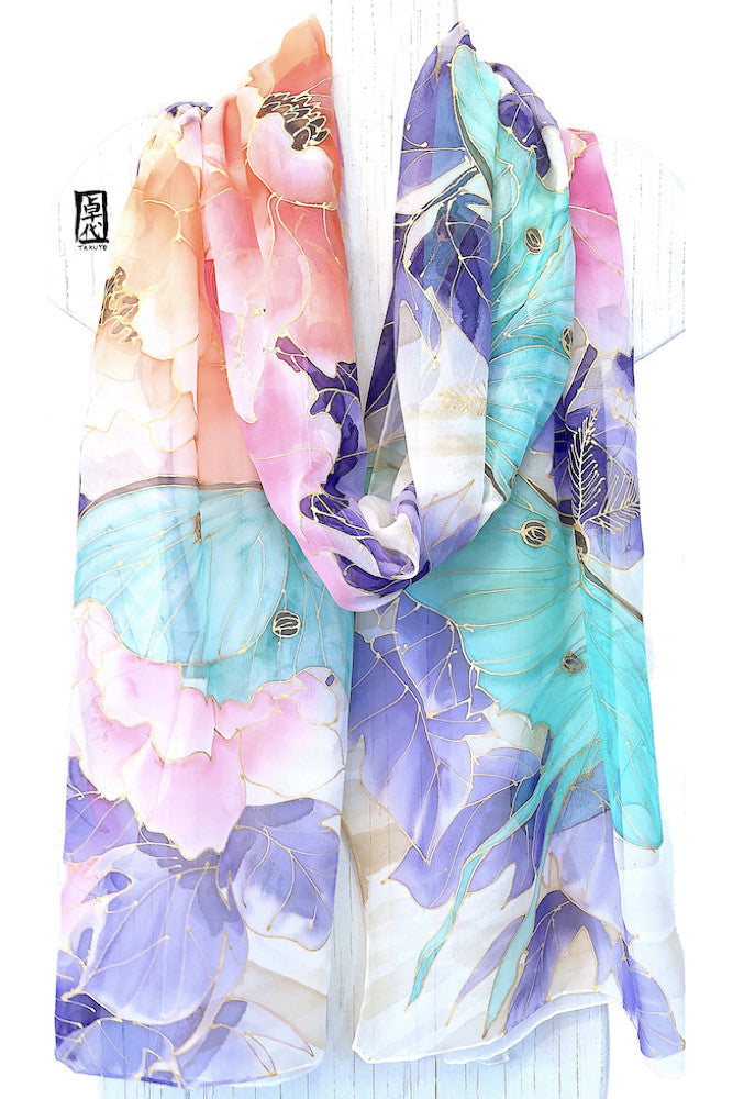 Silk Shawl, Luna Moths and Midnight Peony – Silk Takuyo